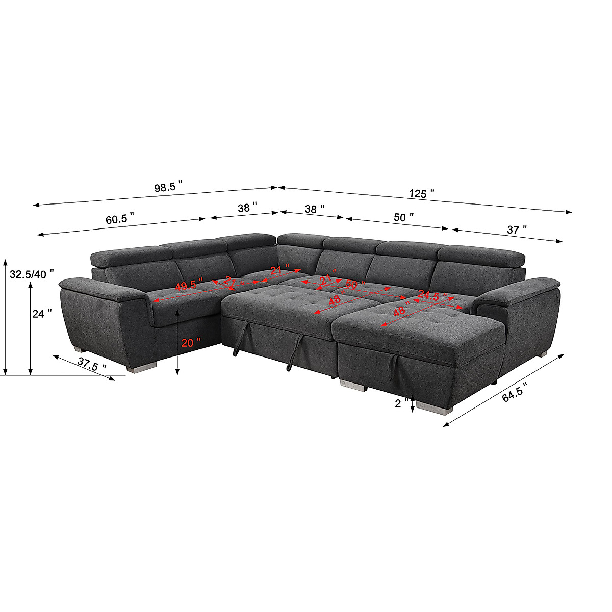 THSUPER 125'' U Shaped Sectional Sleeper Sofa with Pull Out Bed, Storage Chaise Lounge, and Adjustable Headrest, U Shaped Sectional Couches for Living Room - Dark Grey