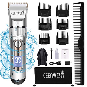 Ceenwes Professional Hair Clippers Cordless Hair Trimmer Low Noise Hair Cutting Kit Beard Trimmer IPX7 Waterproof Body Hair Removal Machine with LED Display Hairdressing Cape and Travel Bag