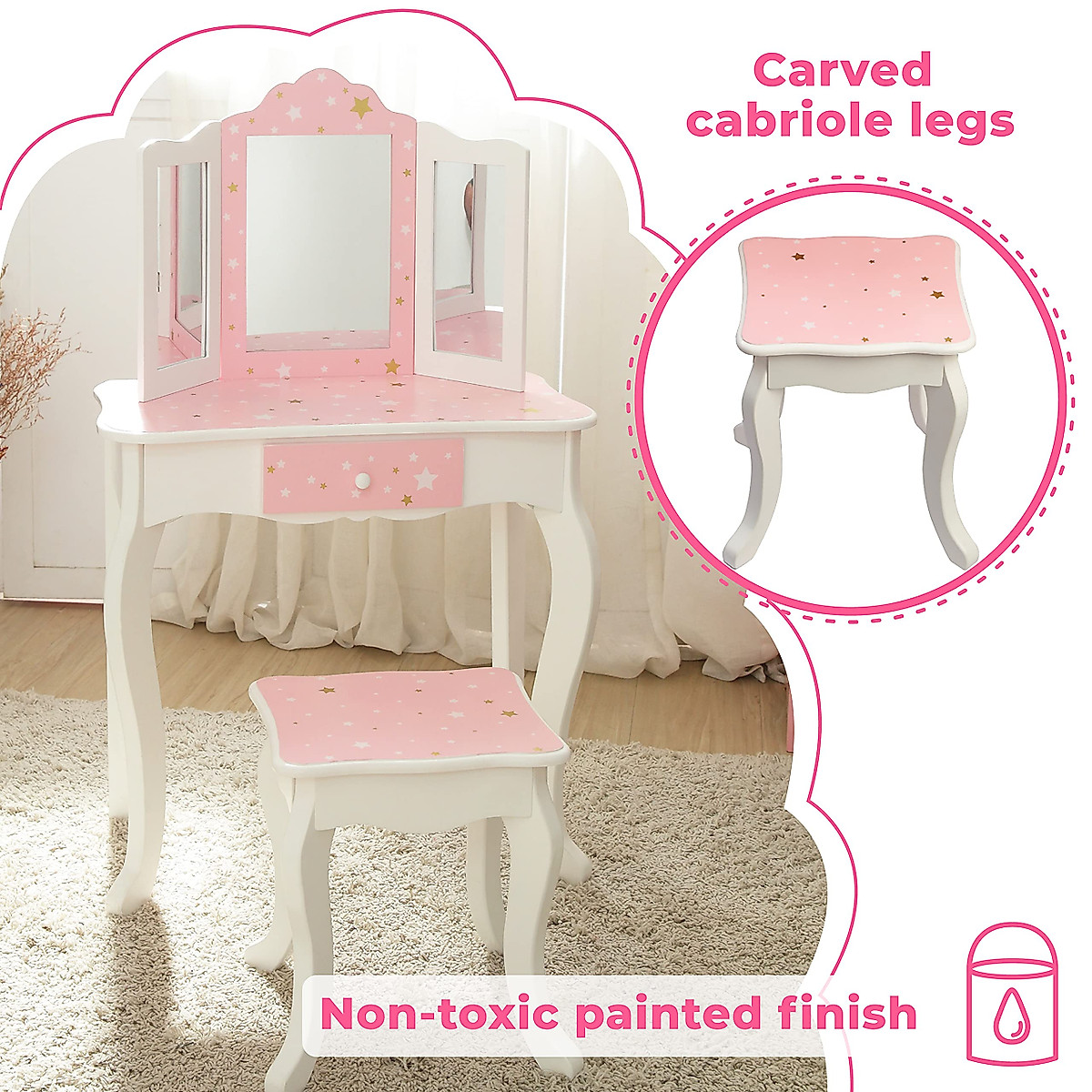 Teamson Kids Princess Gisele Twinkle Star Print 2-Piece Kids Wooden Play Vanity Set with Vanity Table, Tri-Fold Mirror, Storage Drawer, and Matching Stool, White with Pink and Gold Star Accent