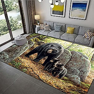 3D Brown Animal Bear Family Printed Area Rug, Black Bear Machine Washable Carpet, Indoor Accent Non Slip Rug for Kids Living Room Bedroom Dining Room Kitchen, 4x6ft