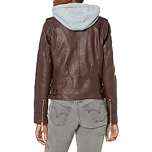 JOUJOU Women's Vegan Leather Jacket with Faux Fur Lining & Removable Fleece Inner Hoodie, Walnut, Small