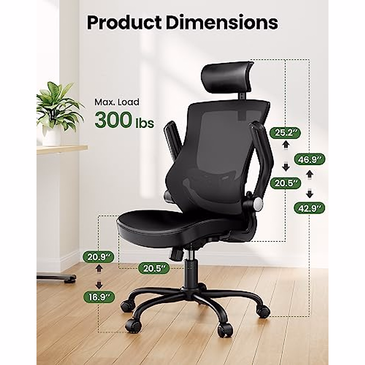 Totnz Ergonomic Office Chair with Mesh Back and Leather Cushion,Lumbar Support Computer Chair with Flip-up Arms and Adjustable Height,Home Office Desk Chairs(Black)