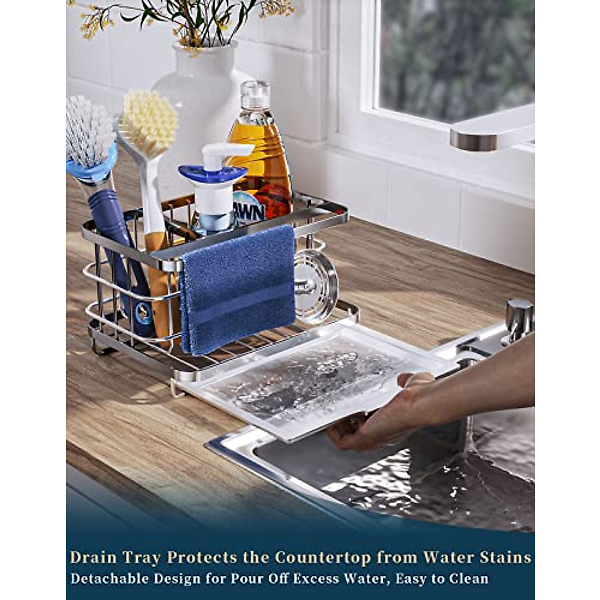 Consumest 5-in-1 Sink Caddy Kitchen Sink Organizer with Drip Tray, Multifunctional Sponge Holder for Kitchen Sink, Rustproof Stainless Steel Sink Sponge caddy for Dishcloth, Sponge, Brush - Silver