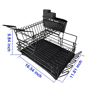 RayLove Large Dish Drying Rack for Kitchen Counter, 2 Tier Dish Drying Rack with Drainboard, Utensil Holder and Detachable Dish Drainer Organizer Shelf (Black)