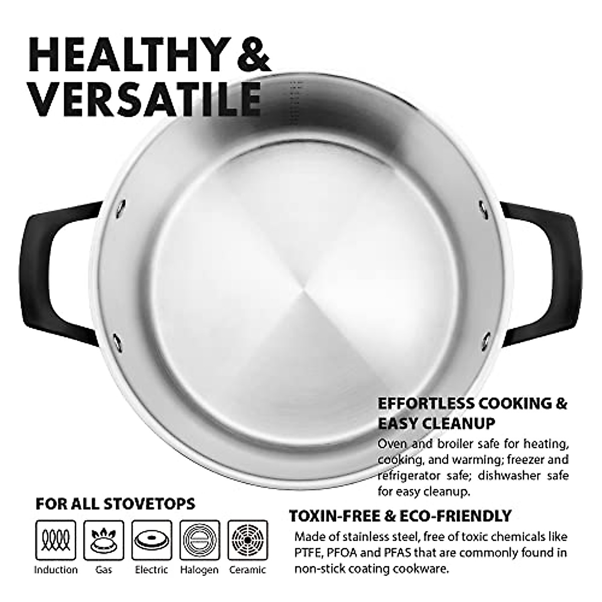 GrandTies Tri-Ply Stainless 4-Piece Induction Pots and Pans Set, Saucepan, Stockpot, Kitchen Cooking Pot with Lid and Black Metal Handle, Dishwasher Safe Cookware