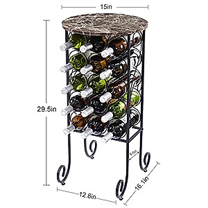 VECELO Metal Wine Rack Console Table, Freestanding Floor Bottles Organizer & Display Shelf with Faux Marble Finish Top, for Bar Kitchen Dining Living Room, Small Spaces, Holds 15, Black