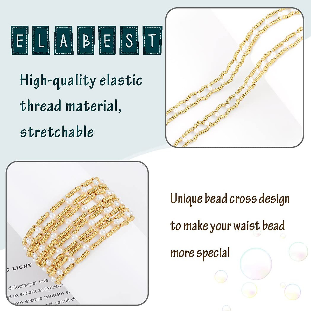 ELABEST African Waist Beads Cross Stretchable Belly Beaded Chain Body Jewelry Accessories for Women and Girls (Gold)