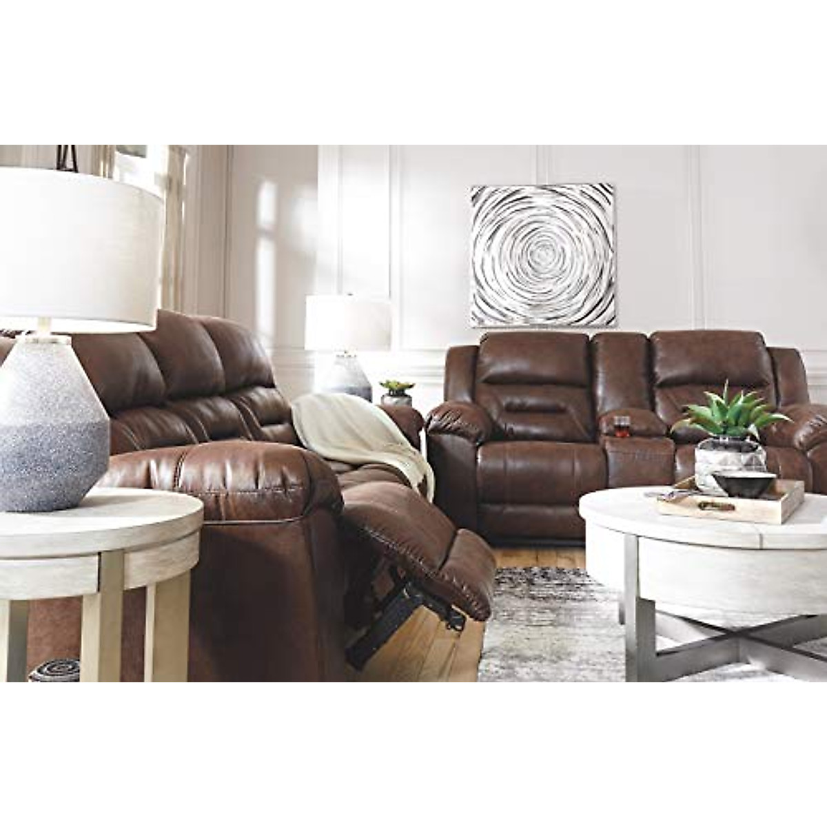 Signature Design by Ashley Stoneland Faux Leather Manual Double Reclining Loveseat with Center Console, Dark Brown