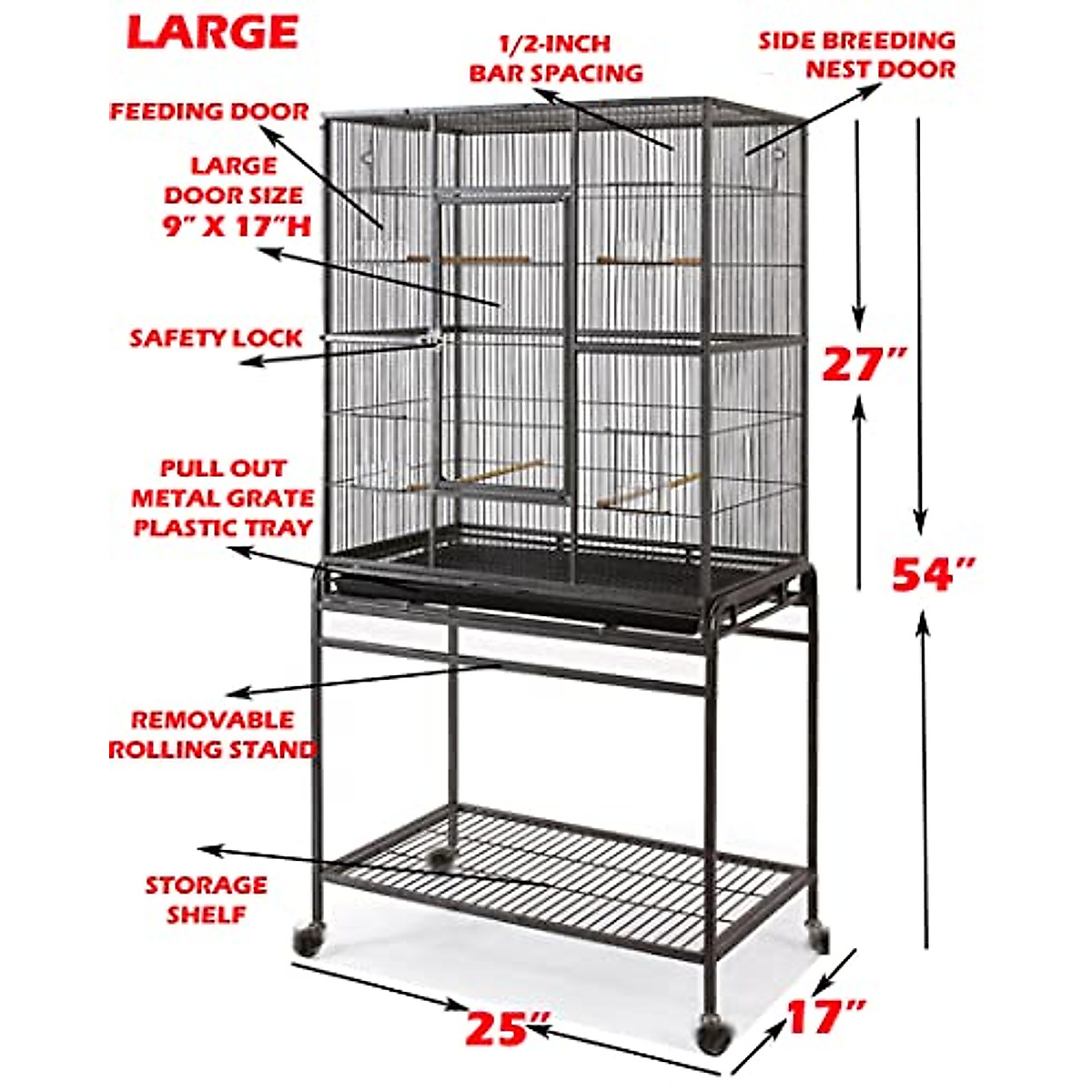 54" Pet Products Large Wrought Iron Breeding Bird Flight Cage Side Nesting Doors with Removable Rolling Stand