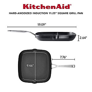 KitchenAid Hard Anodized Induction Nonstick Square Grill Pan/Griddle with Pouring Spouts, 11.25 Inch, Matte Black