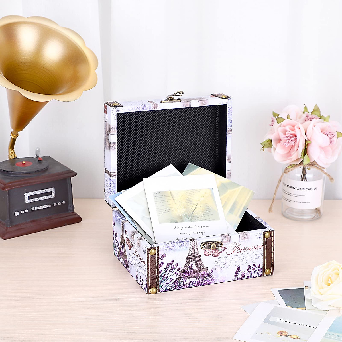 ELLDOO Decorative Treasure Chest Box, Wooden + PU Leather Storage Box for Jewelry Trinkets, Keepsakes box for Girls Women Gifts (Tower Pattern)