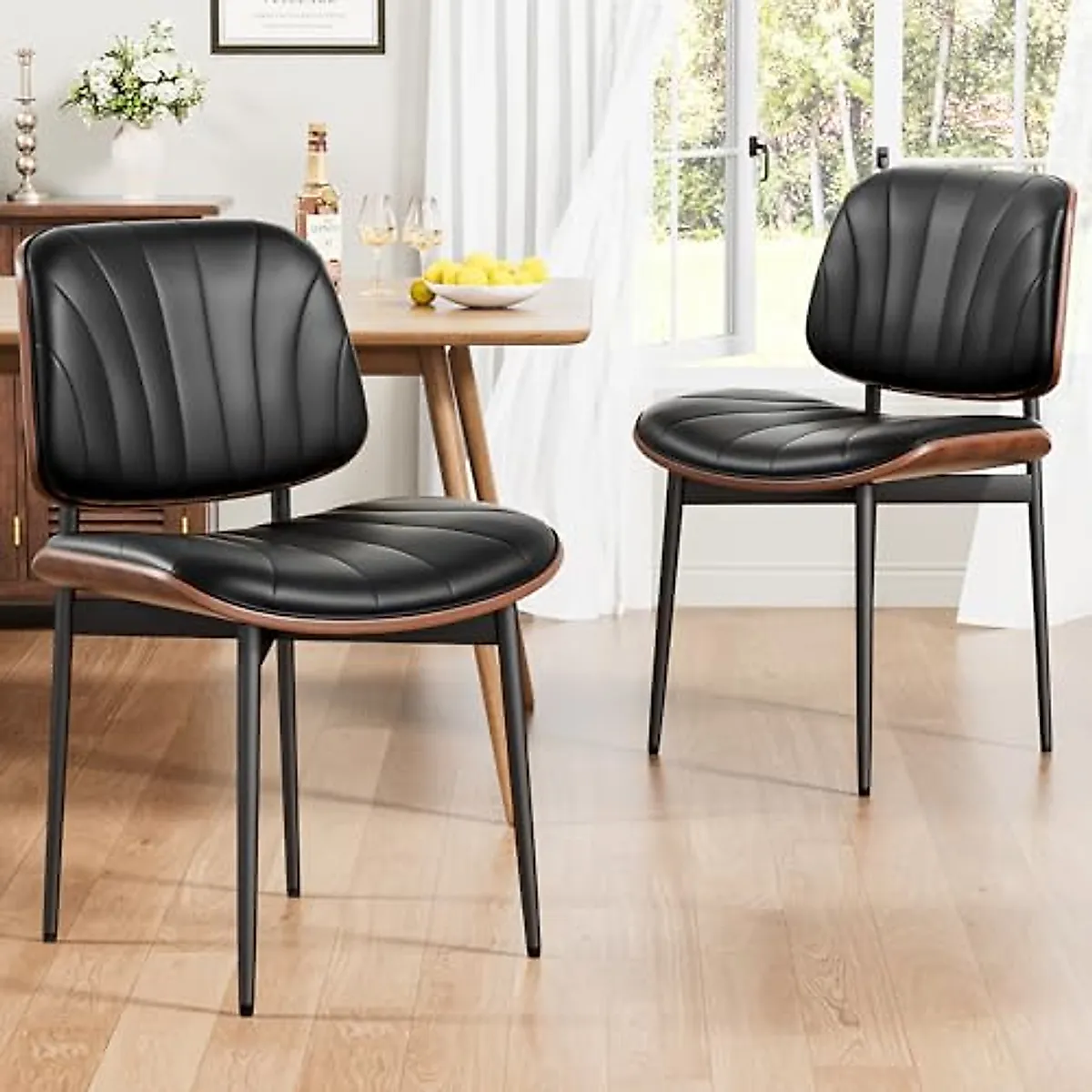 REONEY Dining Chairs Set of 2, Mid-Century Modern Upholstered PU Leather Chairs with Walnut Bentwood Back and Metal Legs Adjustable Feet for Kitchen Dining Room, Black Shell Strips
