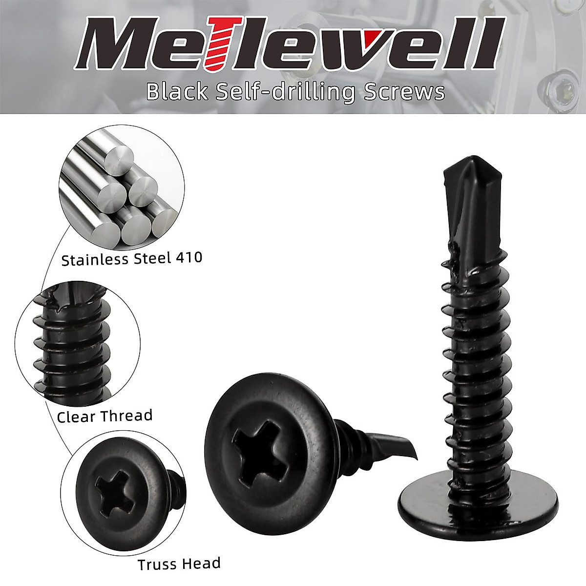 #8 x 1-1/2" Phillips Truss Head Self-Drilling Tek Screw, 100 PCS Self Tapping Screws Sheet Metal Screws, Black Oxide Stainless Steel