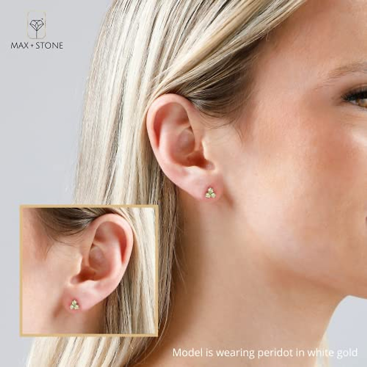 MAX + STONE 14k White or Yellow Gold Small Gemstone Trio Round Stud Earrings for Women with Push Backs and Birthstones (Created Blue Sapphire, white-gold)