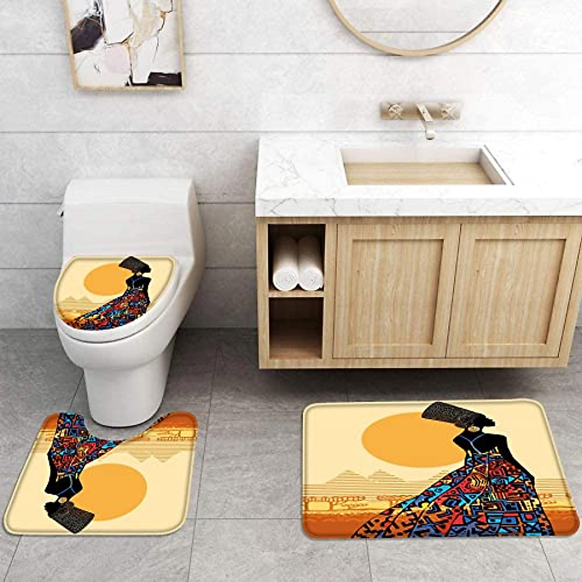 4PCS African American Woman Shower Curtain Set for Bathroom with Rugs and Accessories Sets Include Black Girl Bathroom Shower Curtain Set & 3 Non-Slip Bath Mat (Yellow)
