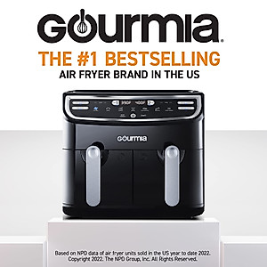Gourmia 9-Quart Dual Basket Digital Air Fryer, with 7 Functions, Smart Finish and Match Cook,Black/Silver