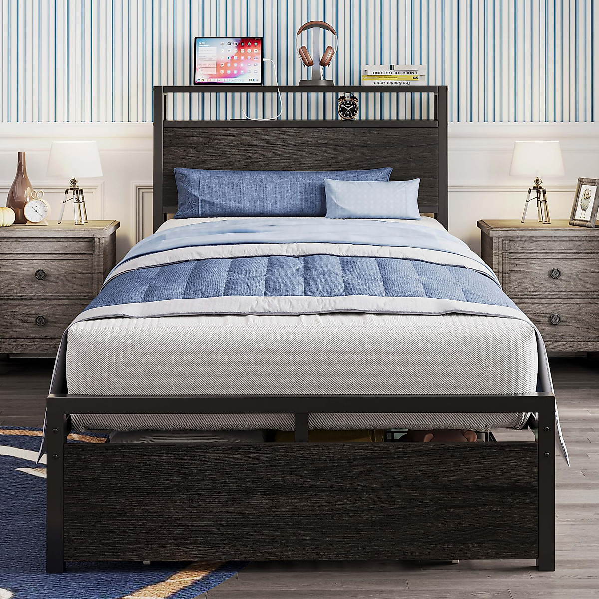 LIKIMIO Twin XL Bed Frames with Drawer, Storage Headboard with Outlets, No Box Spring Needed, Easy Assembly, Gray Black