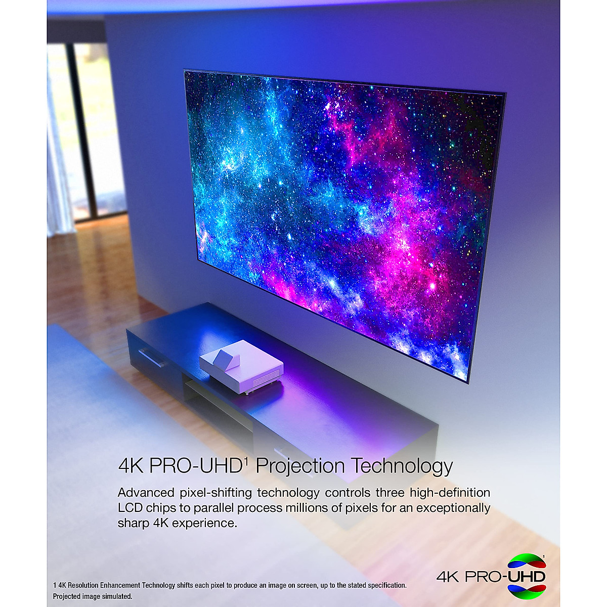 Epson 120” EpiqVision Ultra LS500 Laser Ultra Short Throw Projection TV (120-inch Screen Included), 4000 lumens, 4K PRO-UHD, HDR, Android TV, HDMI 2.0, Built-in Speakers, Sports & Streaming - White