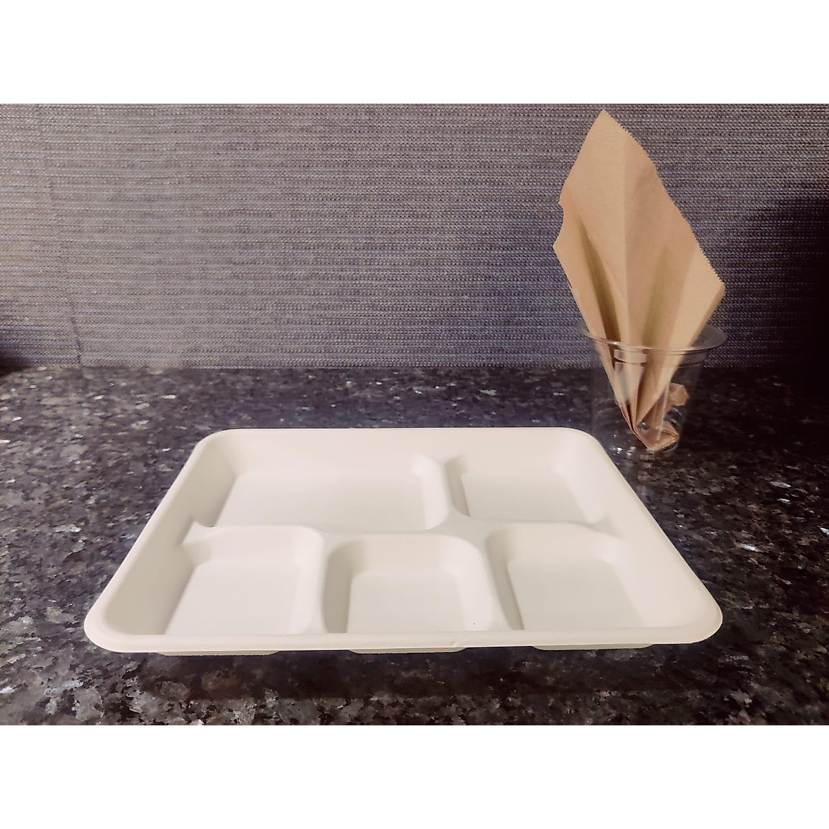 [500 Pack] 5 Compartment Trays, 100% Compostable Paper Plate tray, School Bagasse Lunch trays, Buffet, and Party, Disposable trays with 5 compartment, Biodegradable, Natural (4821011)