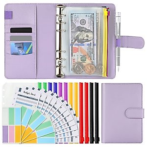 Budget Binder Organizer, A6 Cash System Planner for Money Receipts Budgeting,PU Leather Notebook,12 PCS Clear Cash Envelope,12 Expense Tracker Budget Sheets and 30 Colorful Blank Labels (Purple, A6)