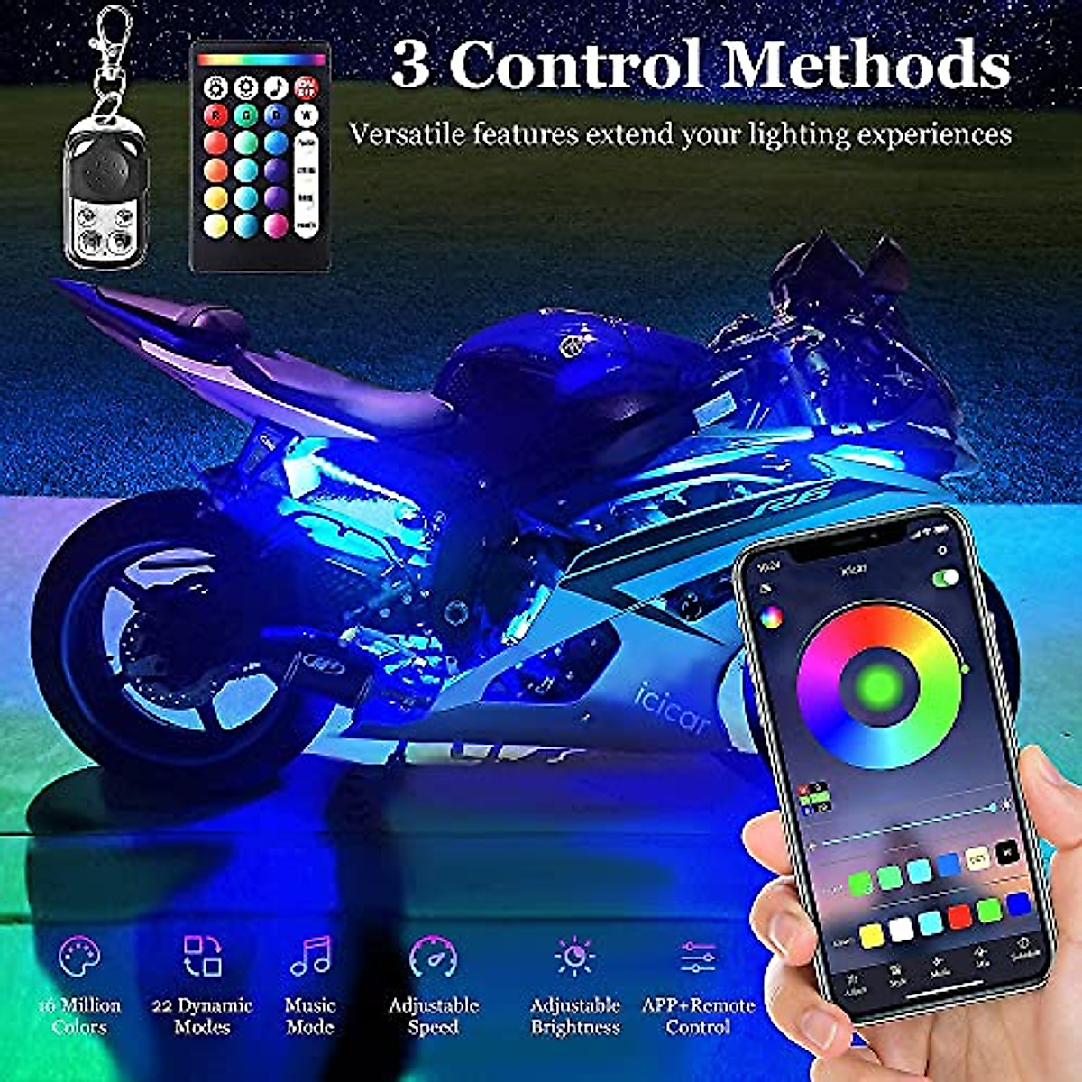 12PCS Motorcycle LED Underglow Kit, icicar Motorcycle Lights App Control Music Sync LED Motorcycle Lights Brake Feature Waterproof Dual Remote Motorcycle Underglow LED Light Kit for UTV ATV Golf Cart