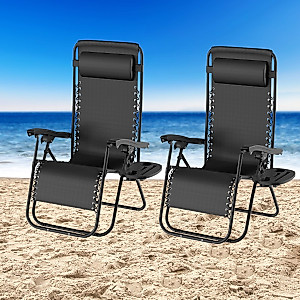 Lavish Home Set of 2 Zero-Gravity Chairs - Folding Patio Furniture - Outdoor Recliners with Side Table, Cup/Phone Holder, and Chair Pillow (Black)