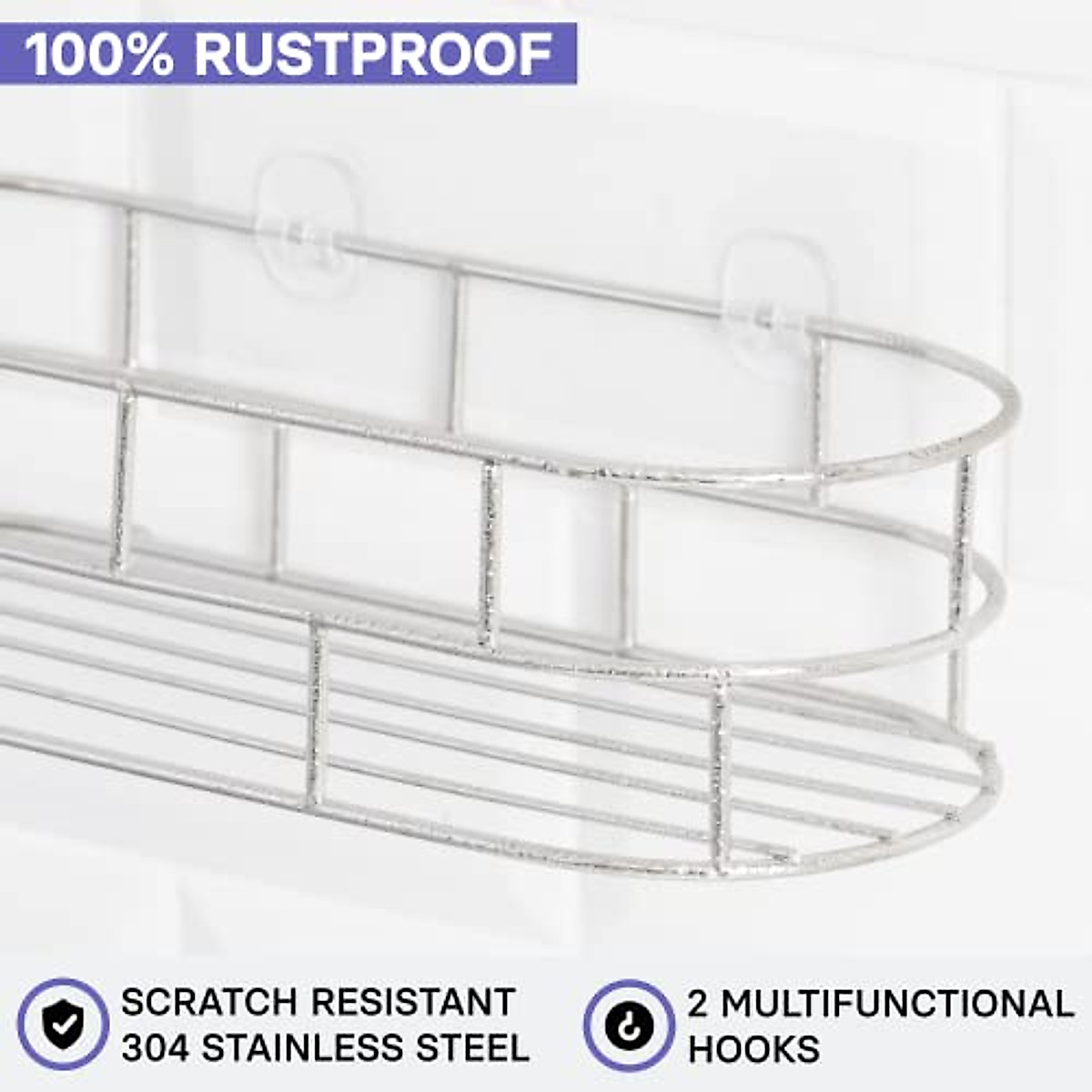 KINCMAX Shower Caddy, Rustproof SUS304 Stainless Steel, Adhesive Wall Mount Double Deep Round Baskets 2-pack with Hooks (Polished Silver)
