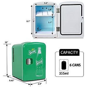 Sprite 4L Mini Fridge 6 Can Portable Cooler Warmer Personal Travel Refrigerator for bedroom skincare room car Office makeup Cosmetics beverage Snacks Lunch Drinks Cords Desk Home Dorm Green