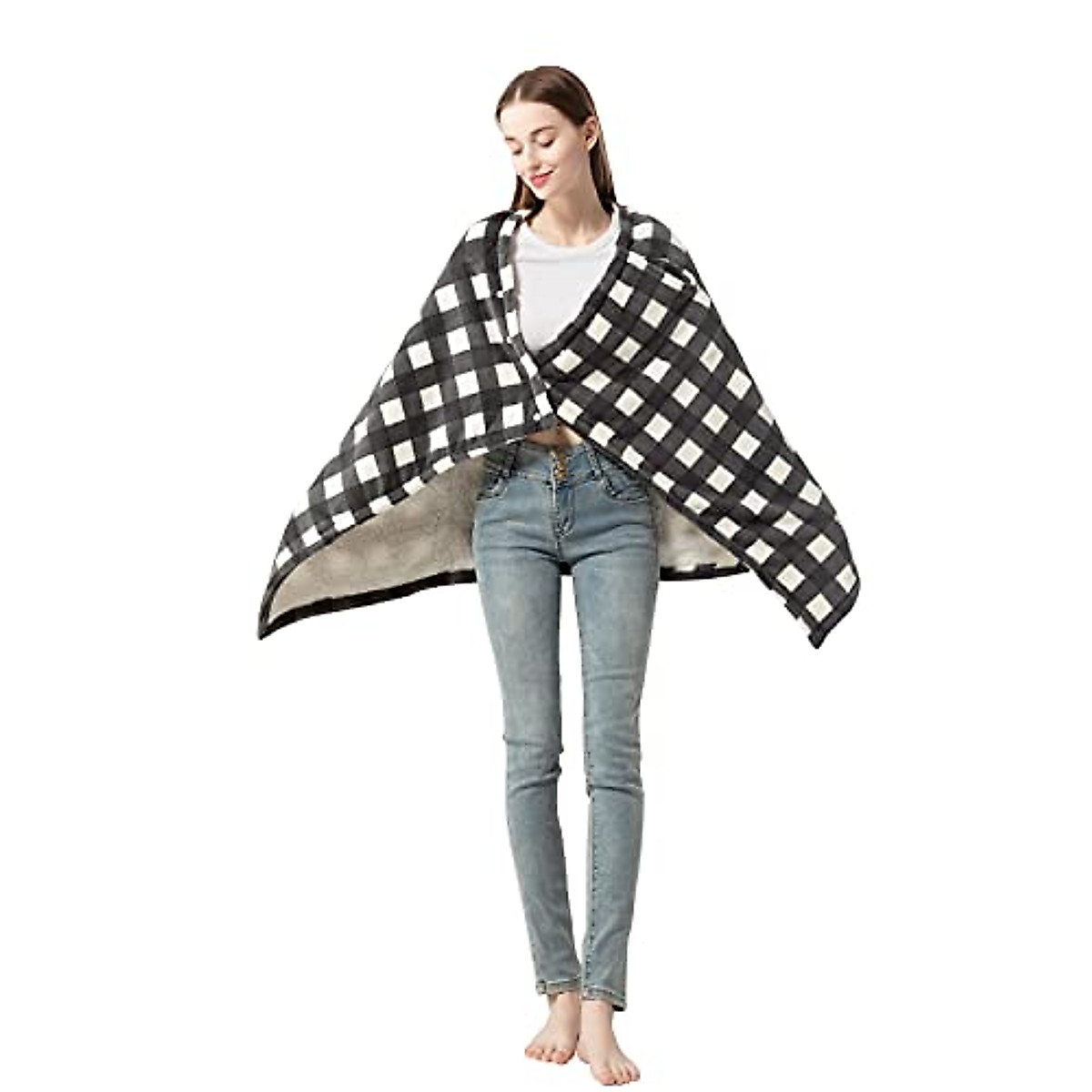 Soft Fleece Throw Blanket, Substitute for Wearable Blanket- Inside Cozy Sherpa and Outside Comfy Fleece Poncho Blanket with Buttons (Grey, 63" L×30" W)