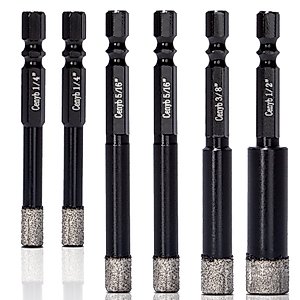 CENYB Diamond Core Drill Bits Set for Granite Ceramic Marble Tile Stone Glass Procelain, 6 PCS Hex Shank Vacuum Brazed Hole saws Kit(1/4” X2, 5/16” X2, 3/8”, 1/2”)