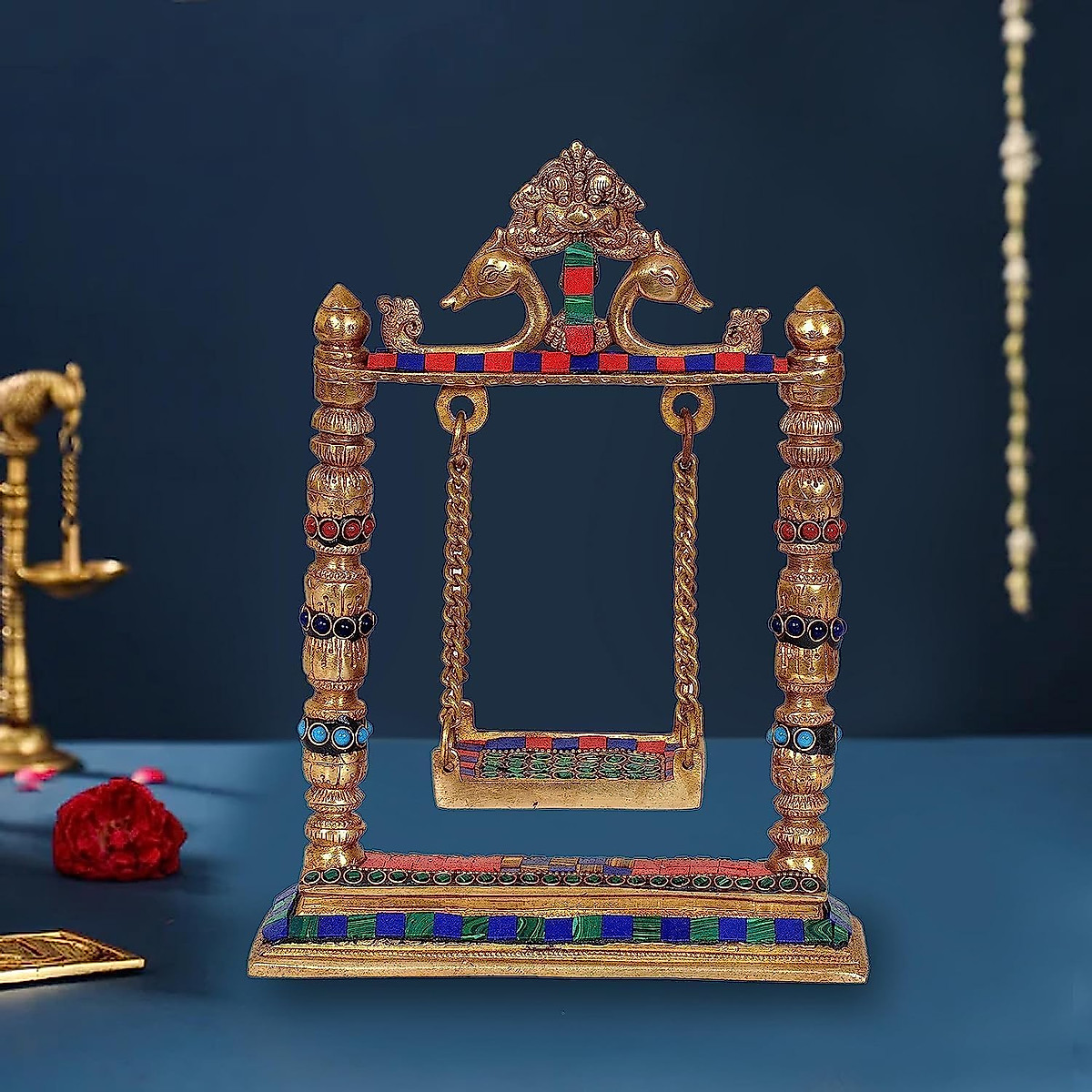 Brass Swing Jhula for Ladoo Gopal Idol Krishna Statue Laddu Gopal Jhula Palna for Laddu Gopal Ji Nand Gopal Swing Palna Decorative Showpiece (Brass, Height 10.25")