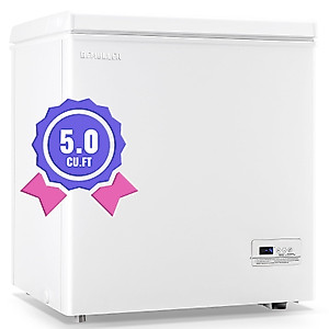 Chest Freezer 5.0Cubic Feet with Intelligent Temperature Control(-15°F to 41°F), Deep Freezer with TWO Hanging Baskets and Side Defrost Water Drain, Top Open Door Freezer White