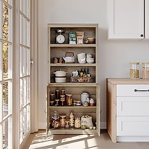 Farmhouse Bookshelves and Bookcases with Doors, Floor Standing 5 Shelf Display Storage Shelves, 69 in Tall Bookcase for Home Office, Living Room, Brown