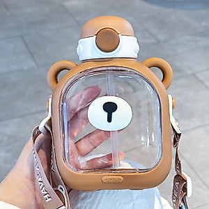 FEUSEUZ Kawaii Water Bottle 24 oz square transparent water bottle Cute little bear portable water bottle with strap and sticker (coffee,700ml)