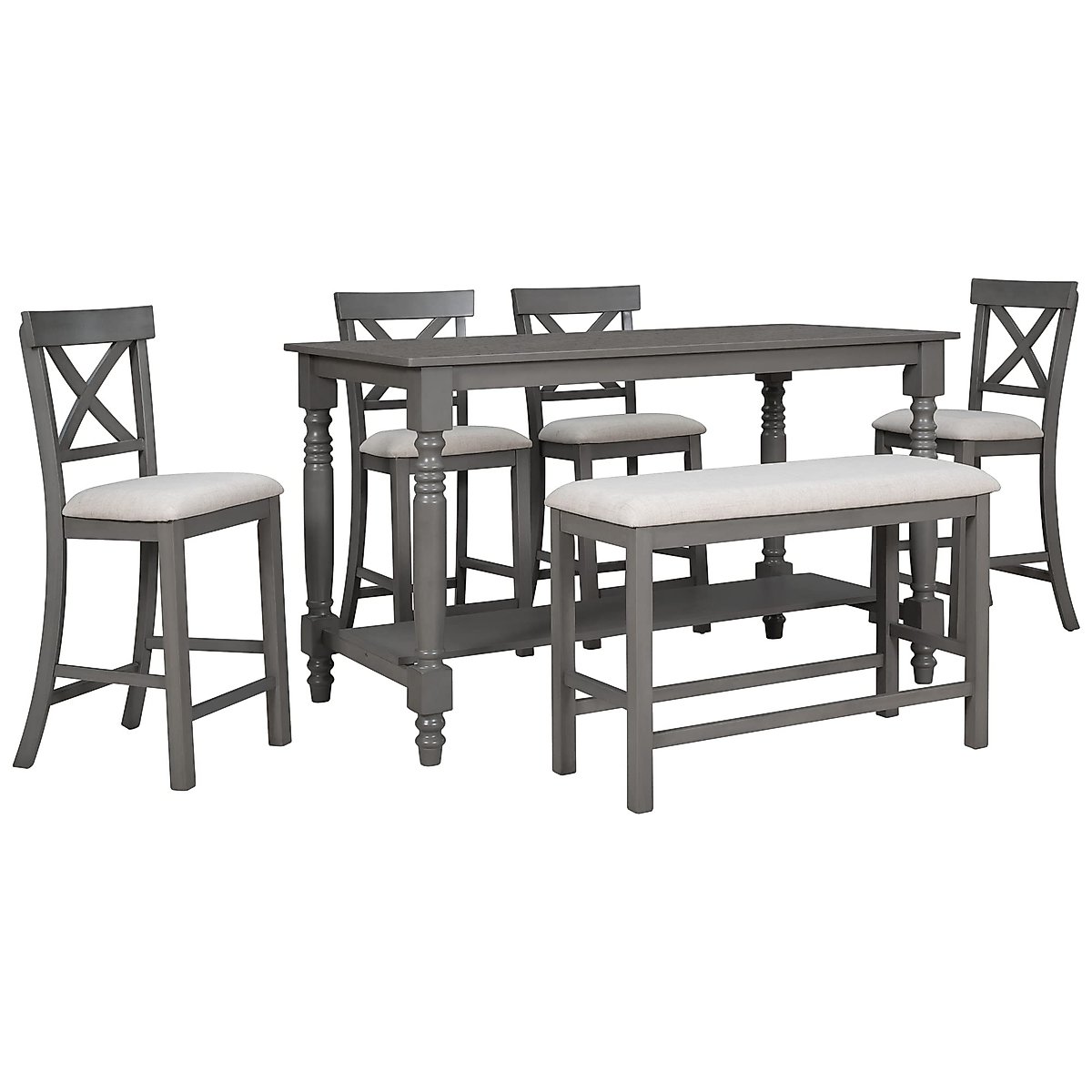 LUMISOL Wood Kitchen Dining Table Set of 6 with Bench and Chairs Farmhouse Rustic Dining Room Table Set, Recantgle Table with Shelf and Upholstered Seating, Gray
