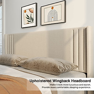 Gizoon Full Bed Frame with Wingback Headboard, Upholstered Platform Bed with Modern Geometric Headboard, Wooden Slats, Noise-Free, No Box Spring Needed