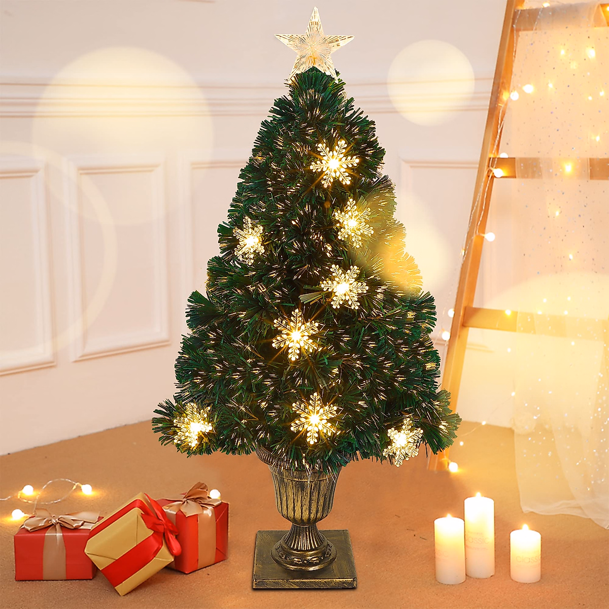 Juegoal 3 FT Pre-Lit Artificial Christmas Tree, 2 Pack Lighted Optical Fiber Entrance Tree in Gold Urn Base with Lights, 8 Lighting Modes, 110 Branch Tips Front Door Porch Entryway Holiday Home Decor