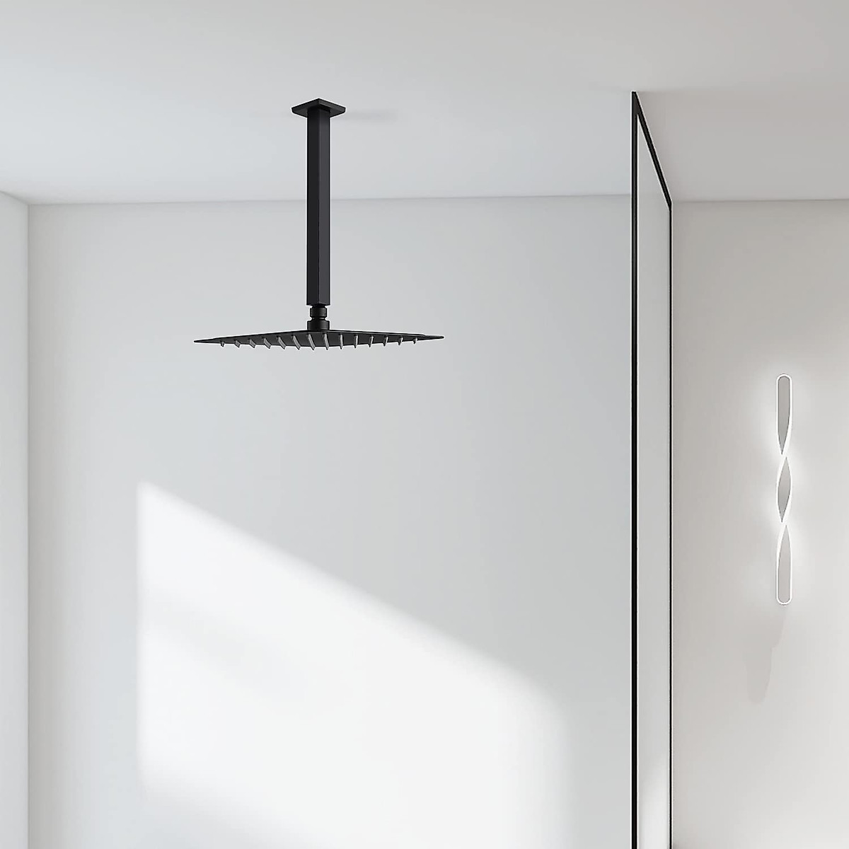 Matte Black Shower Arm with Flange 12 Inch Replacement Extension Pipe Stainless Steel Rainfall Shower Head Extender Arm, Square Shaped