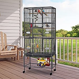 Kinpaw Large Flight Bird Cage - 70” Wrought Iron Bird House with Climbing Rope Bungee Birds Toy Rolling Stand Castors Feeding Bowl for Parrot Cockatiel Finch Pet Supplies Black…
