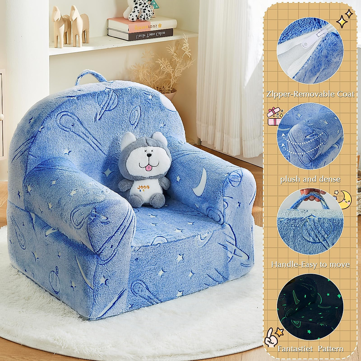 ILPEOD Toddler Chair Sherpa Couch Sherpa Kids Chair, Cuddly Comfy Toddler Plush Chair Toddler Couch Reading Chair for Kids Glow in The Dark Starry Sky Blue