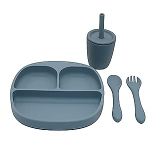 WebDeals 2 You Silicone Feeding Set for Baby or Toddler Suction Plate With Cup Fork Spoon Toddler Plate Baby Cup Baby Plate Baby Fork and Spoon (Ether)