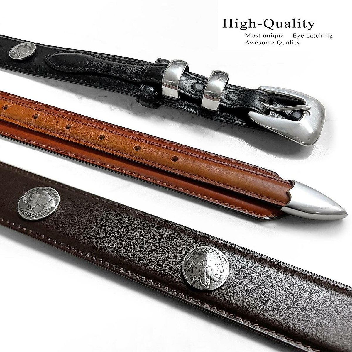 Antique Silver Buffalo& Indian Head Reproduction Coin Conchos Belt Oil Tanned Genuine Leather Western Ranger Belt (Tan, 34)