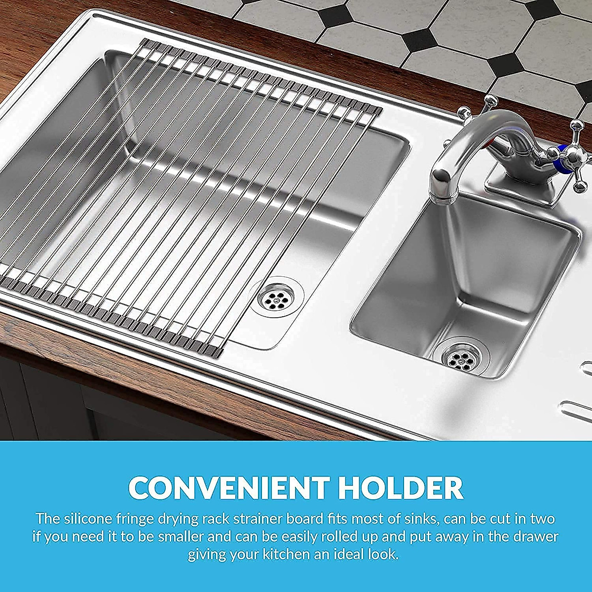 Breathe Essential | 17.5" x 13.8" Roll Up Dish Drying Rack - Over The Sink Caddy for Kitchen Counter, Folding Dish Mat, Foldable Stainless Steel Trivet Accessories