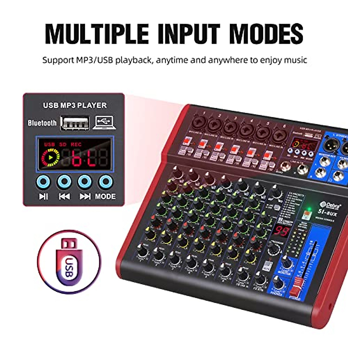 D Debra SI Series Professional Portable Recording Mixer Audio with 99 DSP Digital Effects Mic Preamps and USB for DJ Mixer Console Karaoke Home Recording Studio (SI-8UX)