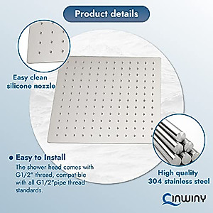 Cinwiny 12 Inch Shower Head Rainfall Brushed Nickel Luxury Square SUS304 Rain Showerhead High Pressure 1/16" Ultra-thin Adjustable Angles Waterfall Full Body Coverage with Silicone Nozzle