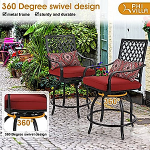 PHI VILLA Outdoor Swivel Bar Stools Set of 2, 27.5" Bar Height Patio Chairs with Red Seat Cushion, Extra Wide Bar Stools with Armrest & Back, Coating Old Craft (Pillow Included)
