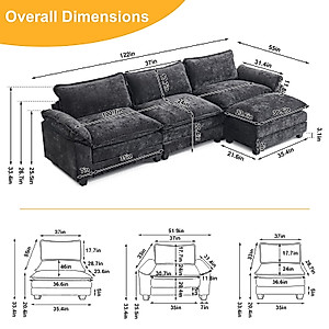 Karl home Sectional Sofa Modular Deep 3-Seat Sofa Couch with Ottoman, Chenille Sofa Sleeper Comfy Upholstered Furniture for Living Room, Apartment, Studio, Office, Black
