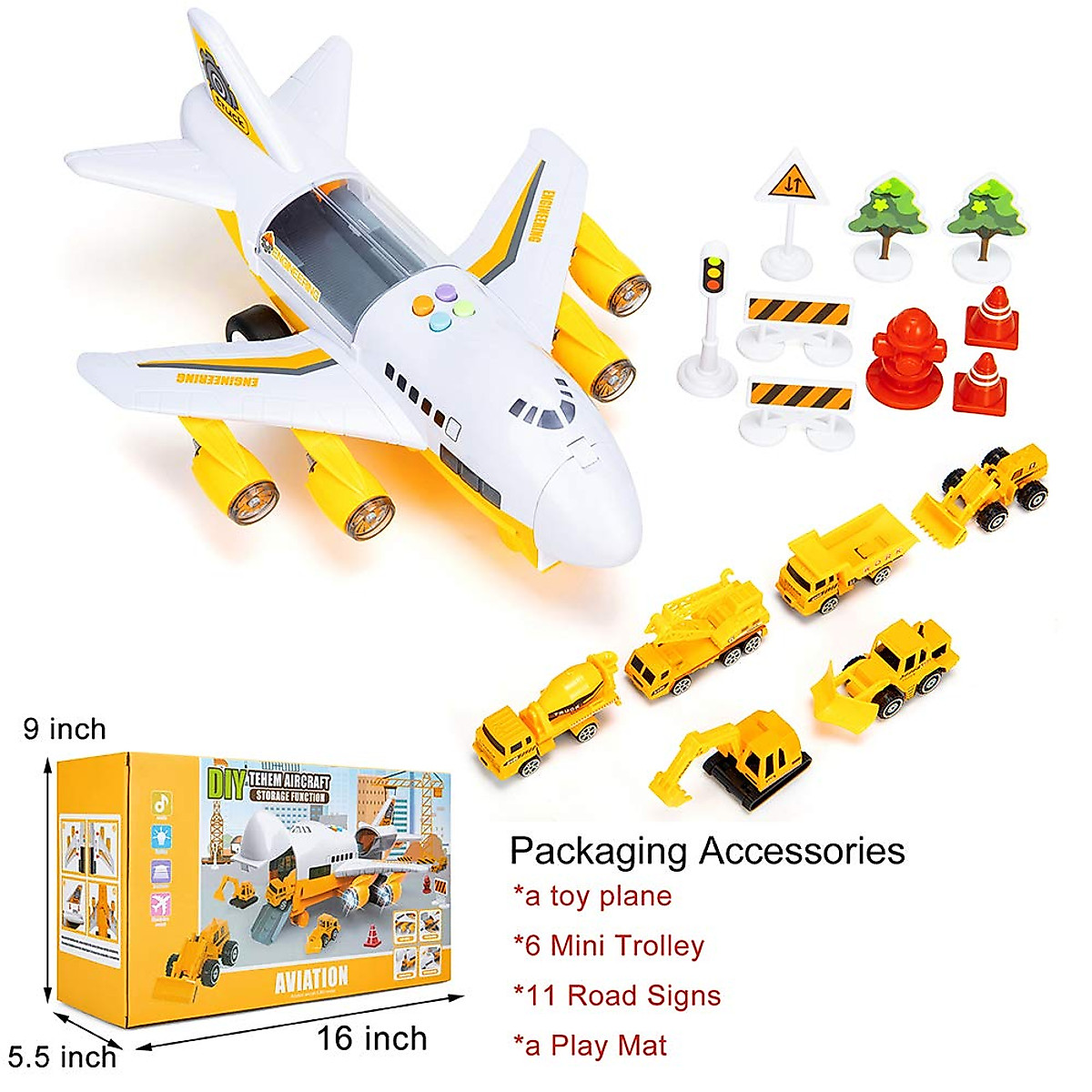 Car Toys Set with Transport Cargo Airplane and Large Play Mat, Educational Vehicle Construction Car Set for Kids Toddler Boys Child Gift for 3 4 5 6 Years Old, 6 Cars, Large Plane, 11 Road Signs