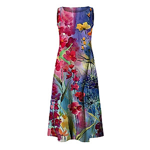 Women Marble Print Summer Tshirt Dress Sleeveless Beach Dress Graphic Long Maxi Tank Dress Casual Resort Clothes with Pockets