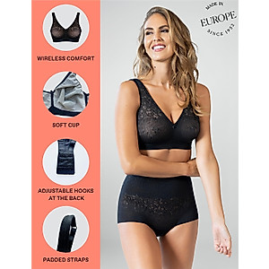 Rosme Women’s Soft Wireless T-Shirt Bra, Comfortable Seamless Full Coverage No Underwire Supportive Bras with Smooth Molded Cups and Padded Adjustable Shoulder Straps Powerlace, Black, Size 34G